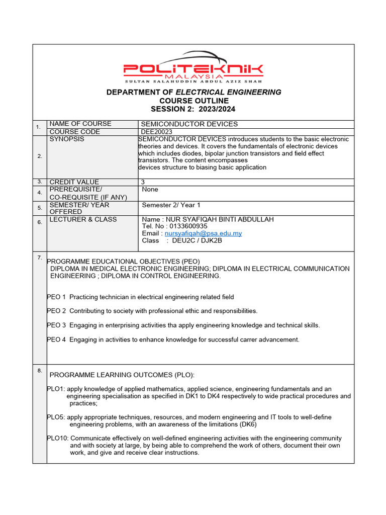 COURSE OUTLINE DEE20023 Sesi 2 2023 2024 | PDF | Diode | Bipolar Junction Transistor