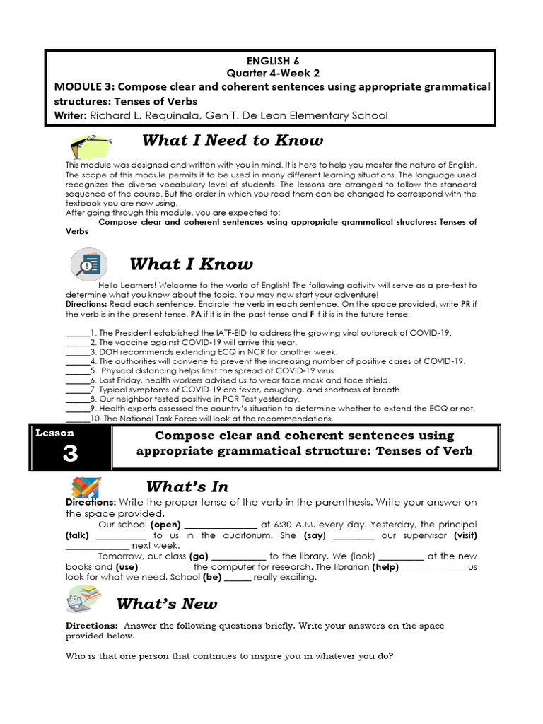 English GR.6 Adm Q4 M9 Module3 | PDF | Grammatical Tense | Verb