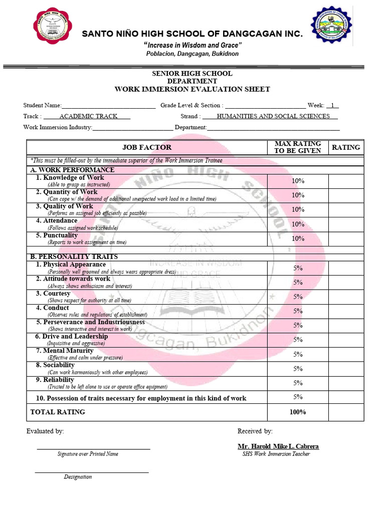 Work Immersion Evaluation Form WEEK 1 | PDF | Psychology | Social ...