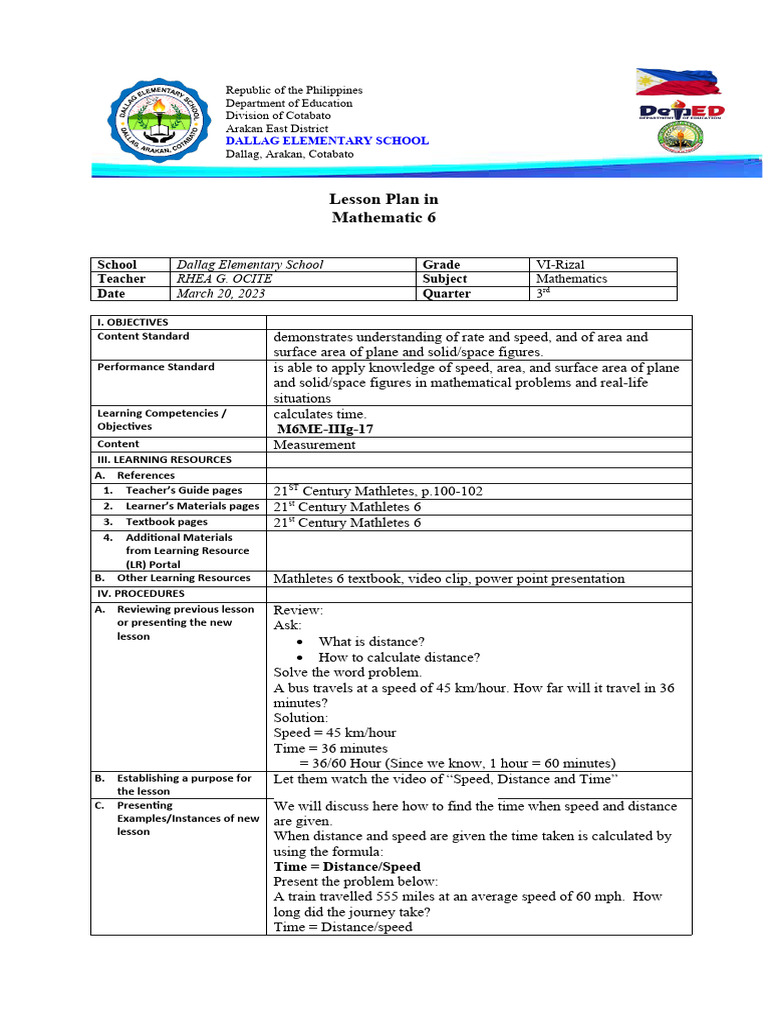 COT Lesson Plan in Math 3RD Quarter | PDF | Speed | Learning