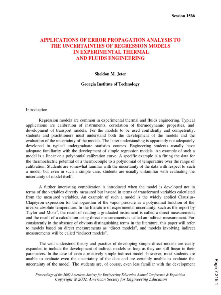Applications of Error Propagation Analysis To The Uncertainties of Regression Models | PDF ...
