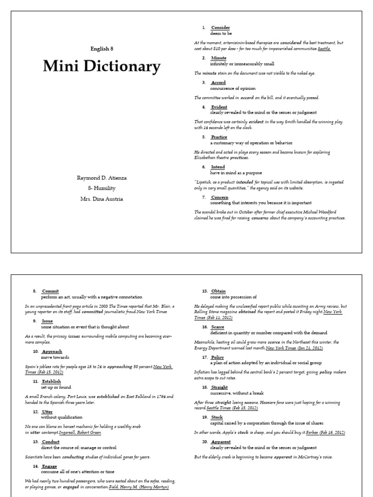 English 8 Mini Dictionary Entries | PDF