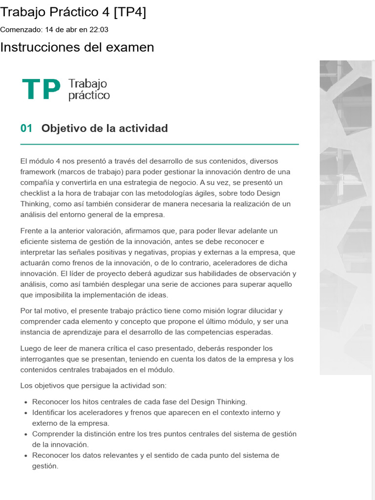 Examen - Trabajo Práctico 4 (TP4) Innovacion para Nuevos Proyectos 100% | PDF | Innovación ...
