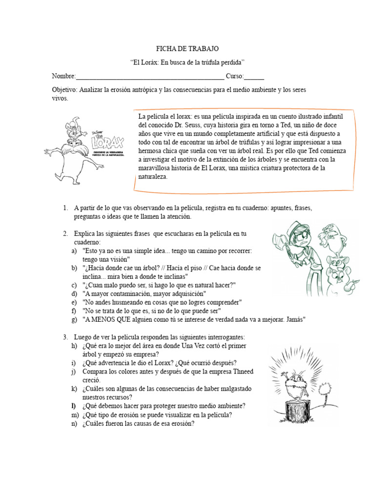 FICHA DE TRABAJO pelicula el Lorax | PDF