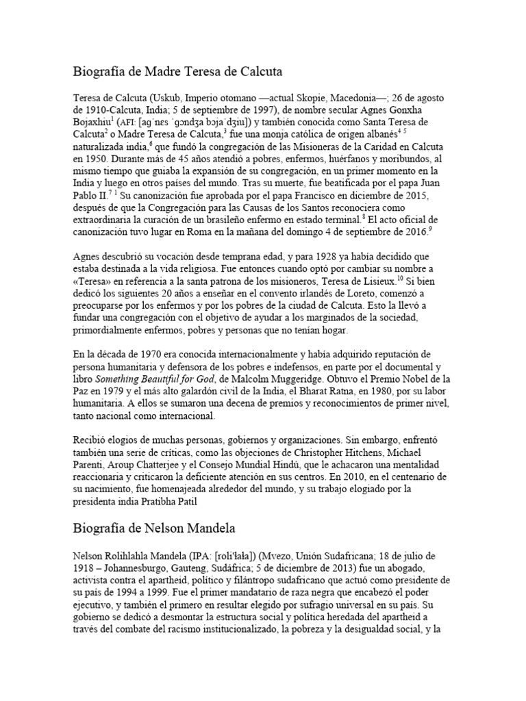 Biografía de Madre Teresa de Calcuta | PDF | Madre Teresa | Nelson Mandela