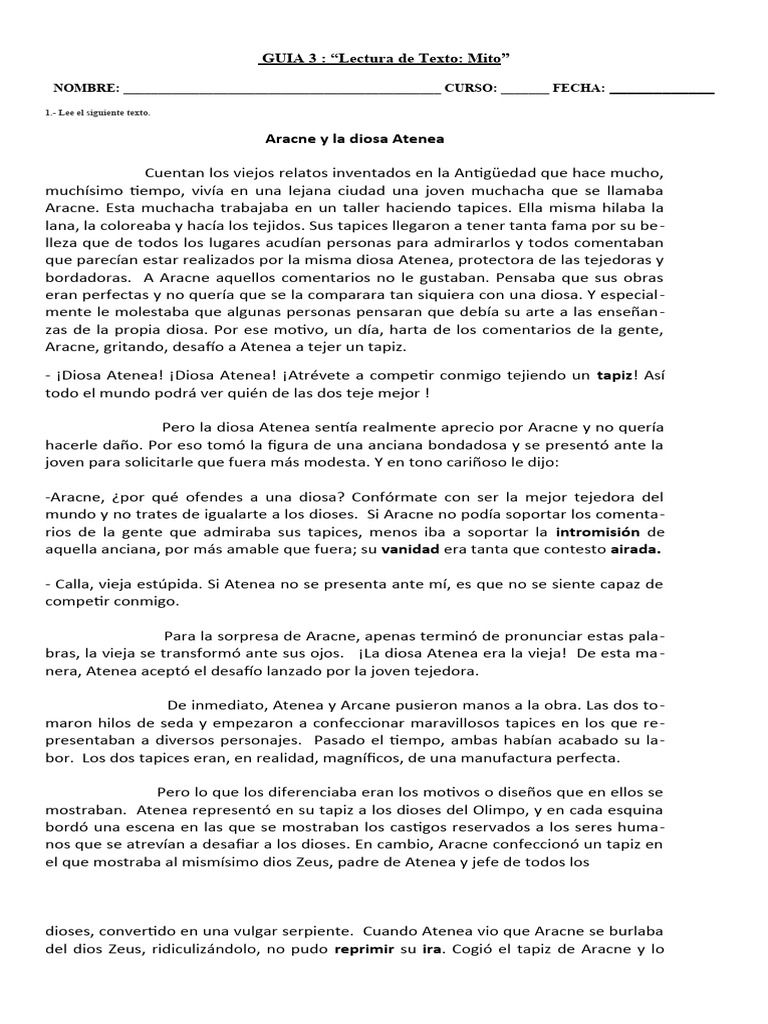 Comprensión Mito de Aracné | PDF | Atenea | Tapiz