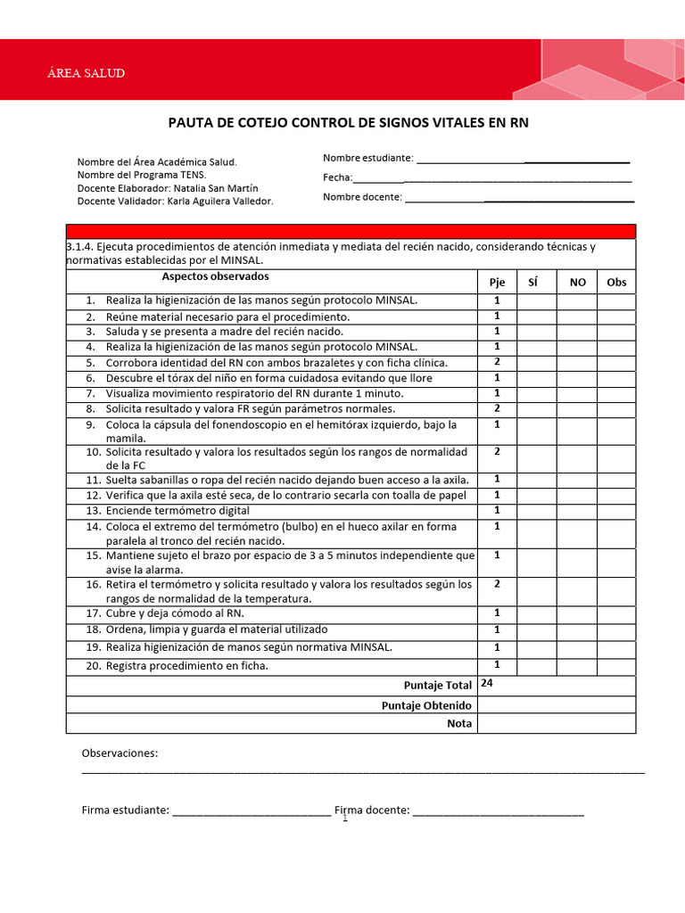 Pauta de Cotejo Control de Signos Vitales RN 11-07-2023 | PDF