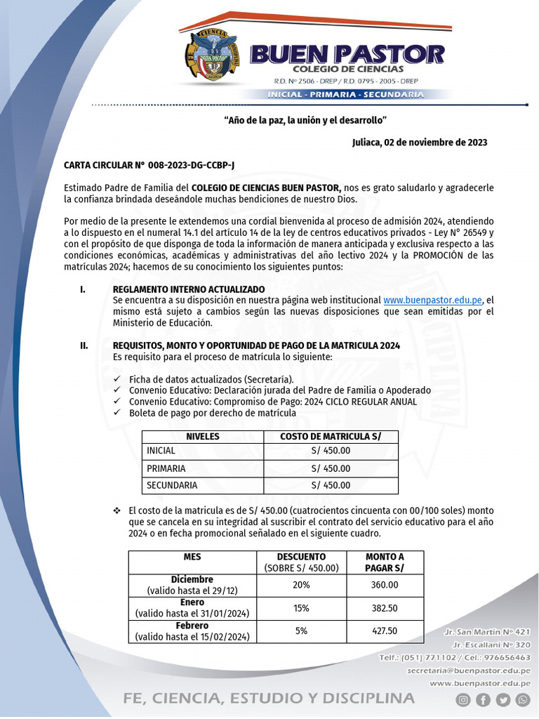 Carta Circular - Infor. 2024 | PDF | Educación primaria | Plan de estudios