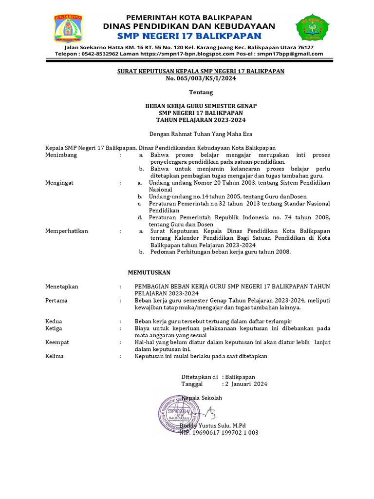 SK Pembagian Tugas Genap 2023-2024 | PDF
