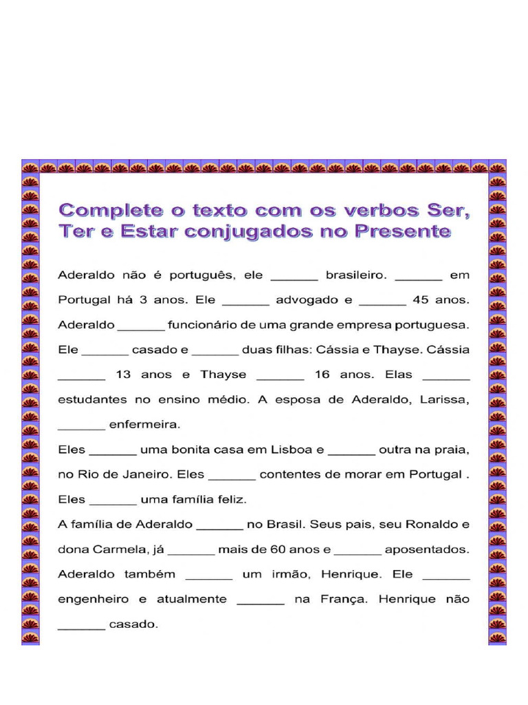 EXERCÍCIO VERBOS SER, TER E ESTAR II | PDF