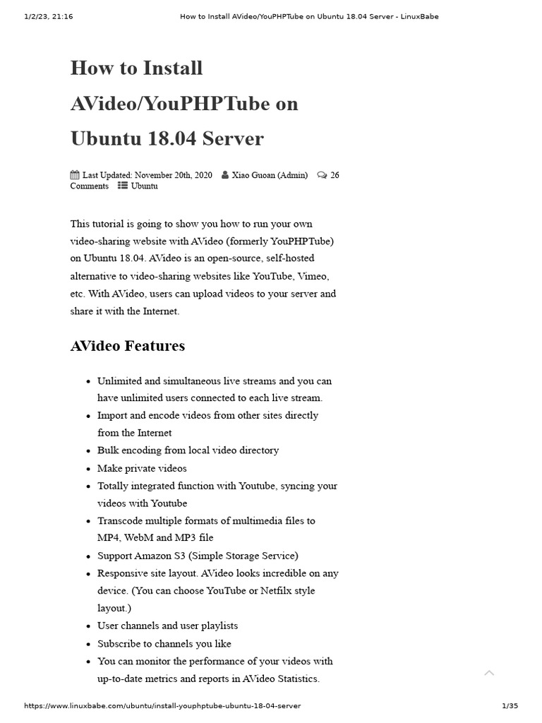 How To Install AVideo - YouPHPTube On Ubuntu 18.04 Server - LinuxBabe | PDF | Computing | Software