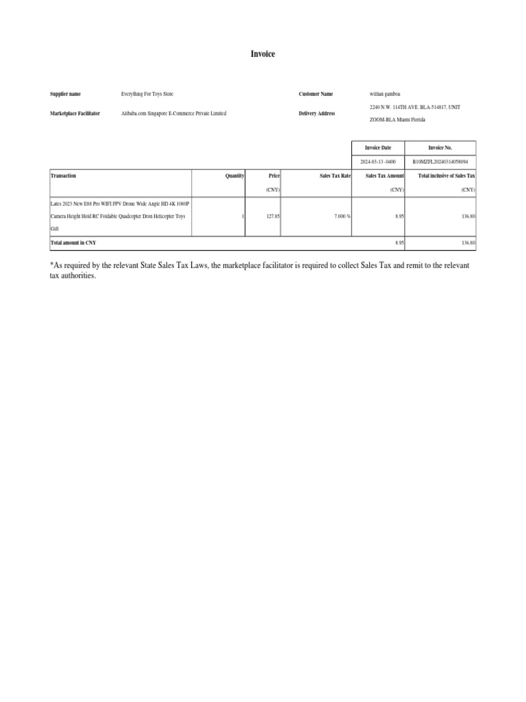 Invoice for E88 Pro Drone Purchase | PDF