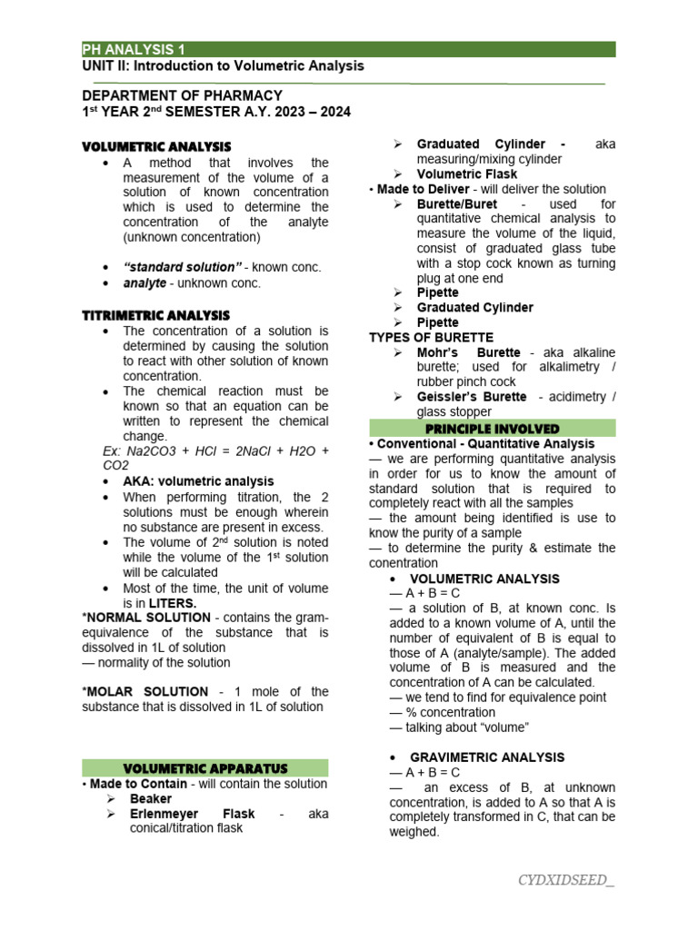 introduction-to-volumetric-analysis-ph-analysis | PDF | Titration | Chemistry