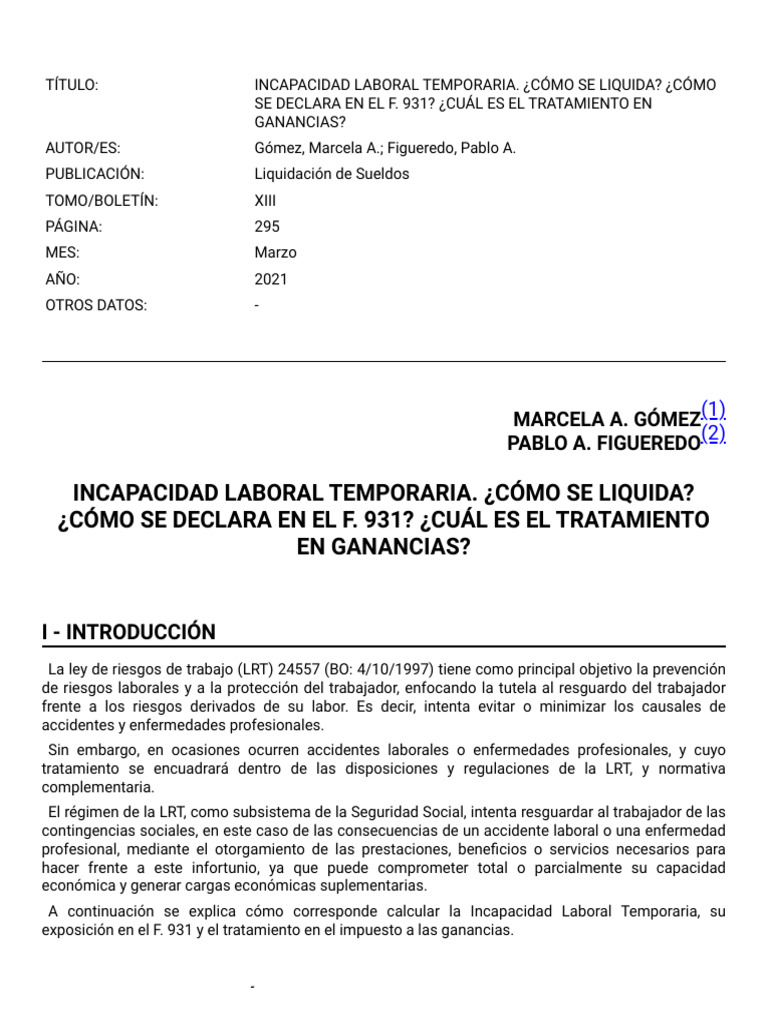 INCAPACIDAD LABORAL TEMPORARIA. ¿CÓMO SE LIQUIDA_ ¿CÓMO SE DECLARA EN EL F. 931_ ¿CUÁL ES EL ...
