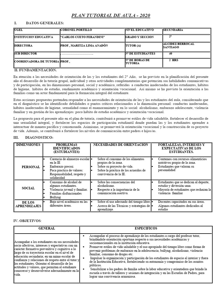 PLAN TUTORIAL 2020 | PDF | Escuelas | Aprendizaje PLAN TUTORIAL 2020 | PDF | Escuelas | Aprendizaje