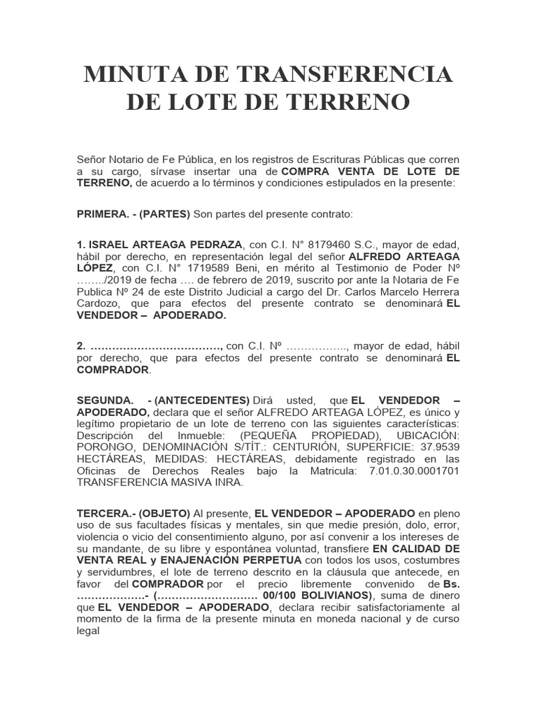 MINUTA DE TRANSFERENCIA DE LOTE DE TERRENO | PDF | Ley común