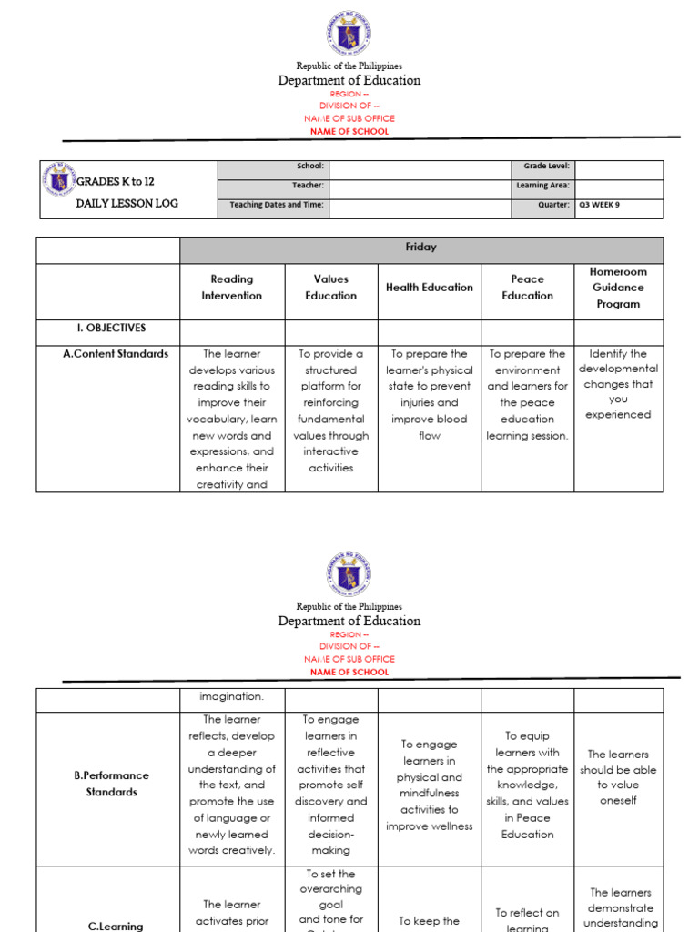 K-12 Daily Lesson Log: Reading & Values | PDF | Learning | Behavioural ...