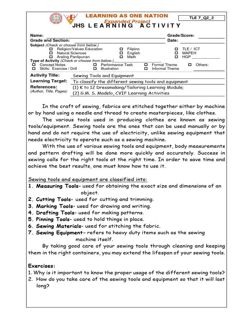 TLE 7 Q2 LAS 2 Sewing Tools and Equipment | PDF | Sewing | Tools