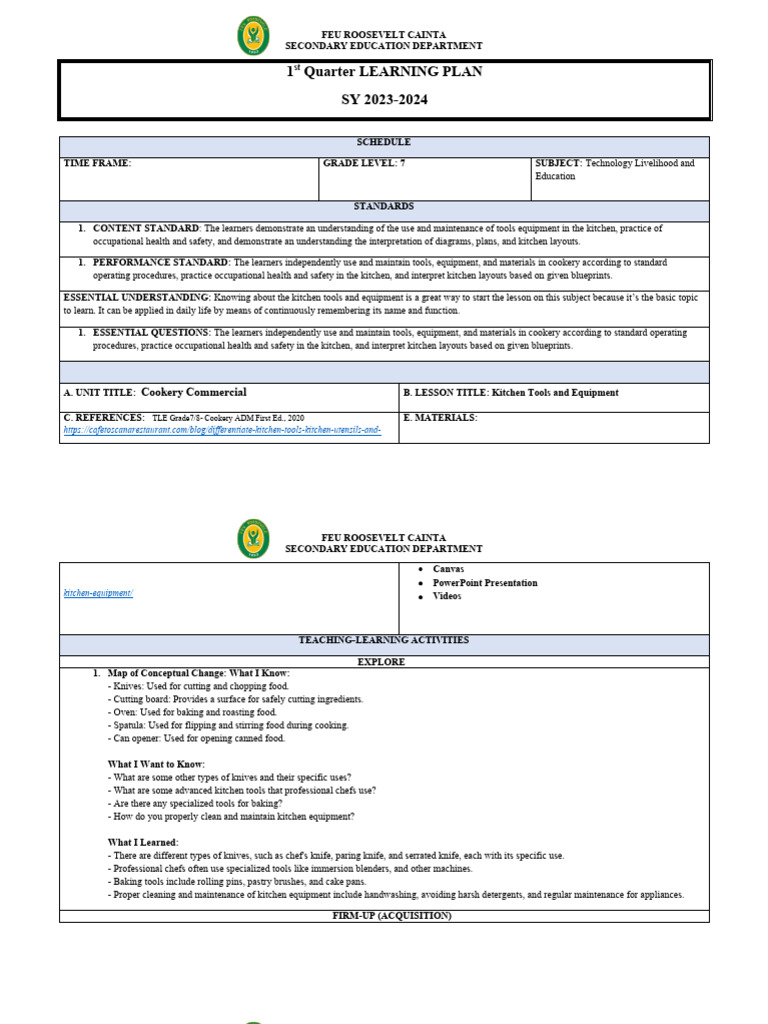 TLE7 1st Q Lesson Plan | PDF | Kitchen Utensil | Knife