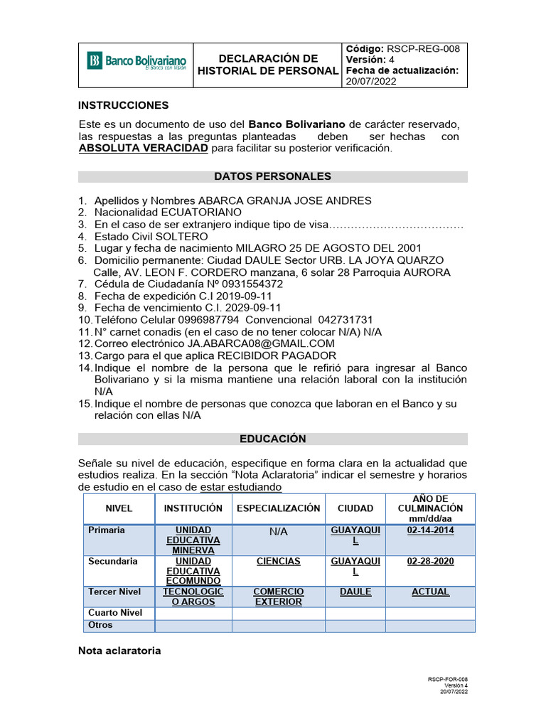 Formato Declaracion Historial Personal 2021 | PDF | Documento de identidad | Bancos