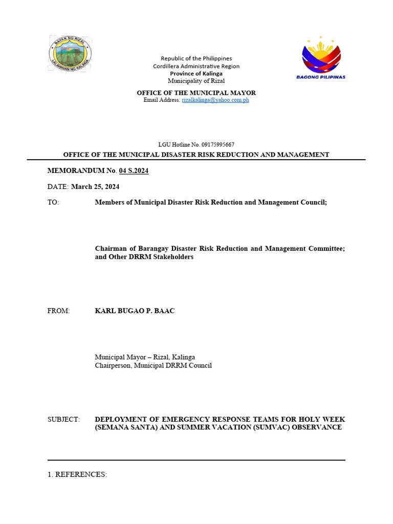 Memorandum Deployment SUMVAC 2024 | PDF | Emergency | Emergency Services