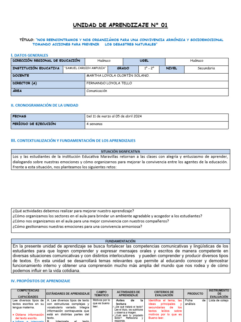 Unidad de Aprendizaje 1 - 2024 | Descargar gratis PDF | Aprendizaje | Comunicación