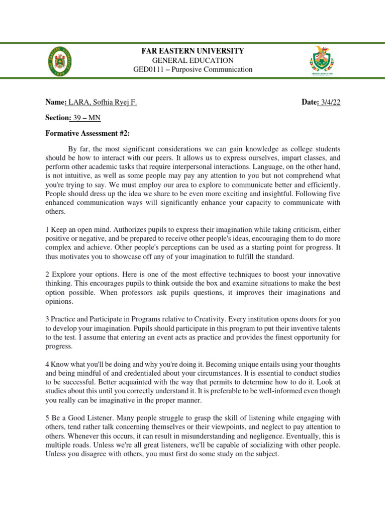 Formative Assessment 2 | PDF | Thought | Imagination