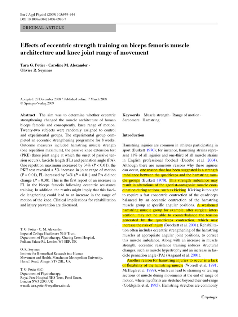 Potier2009 Eccentric Training On Bíceps Femoris Architecture and | PDF | Soft Tissue ...