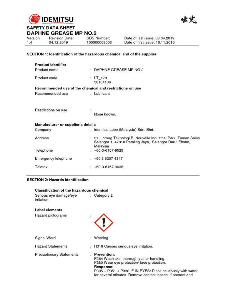 Daphne Grease MP No.2 | Download Free PDF | Safety | Occupational Safety And Health
