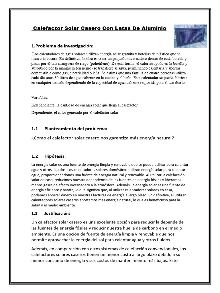Proyecto De Ciencia Sobre Calefactor Solar Casero Pdf Energía Solar