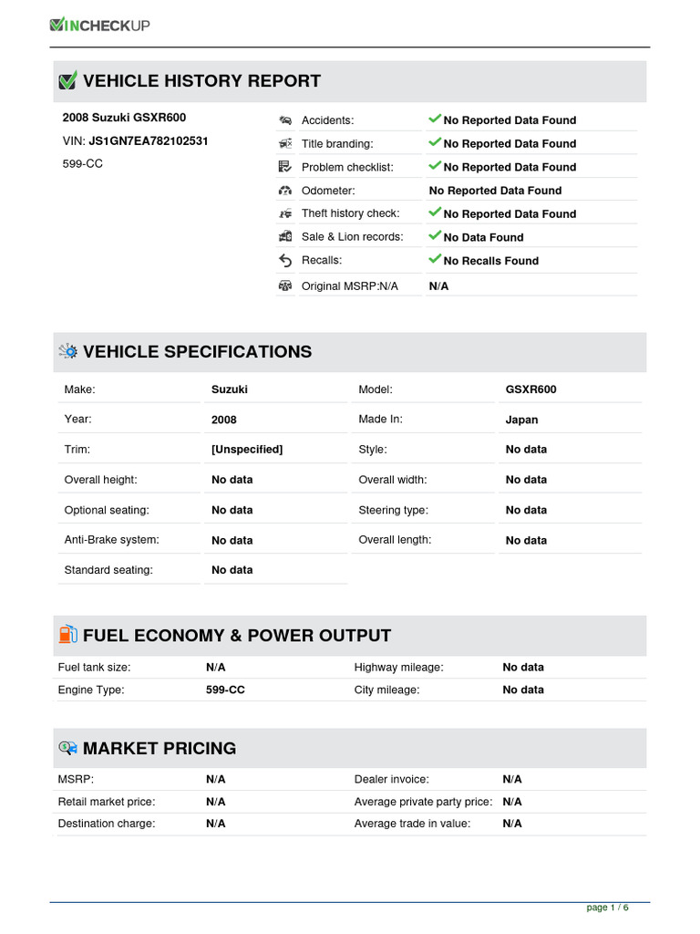 Vehicle History Report Sample | PDF | Used Car | Motor Vehicle