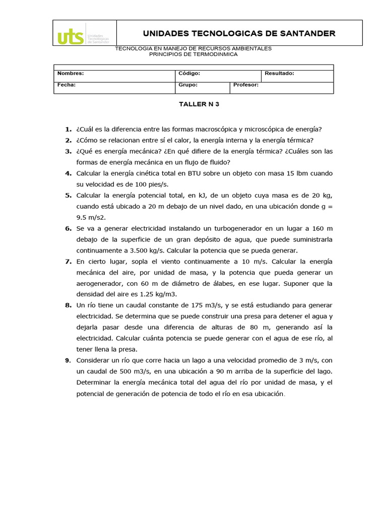 Taller 3 Ejercicios de Transferencia de Energía | PDF