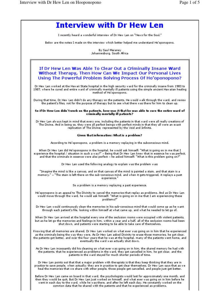 InterviewwithDr Hew Len | PDF | Emergence | Metaphysics Of Mind