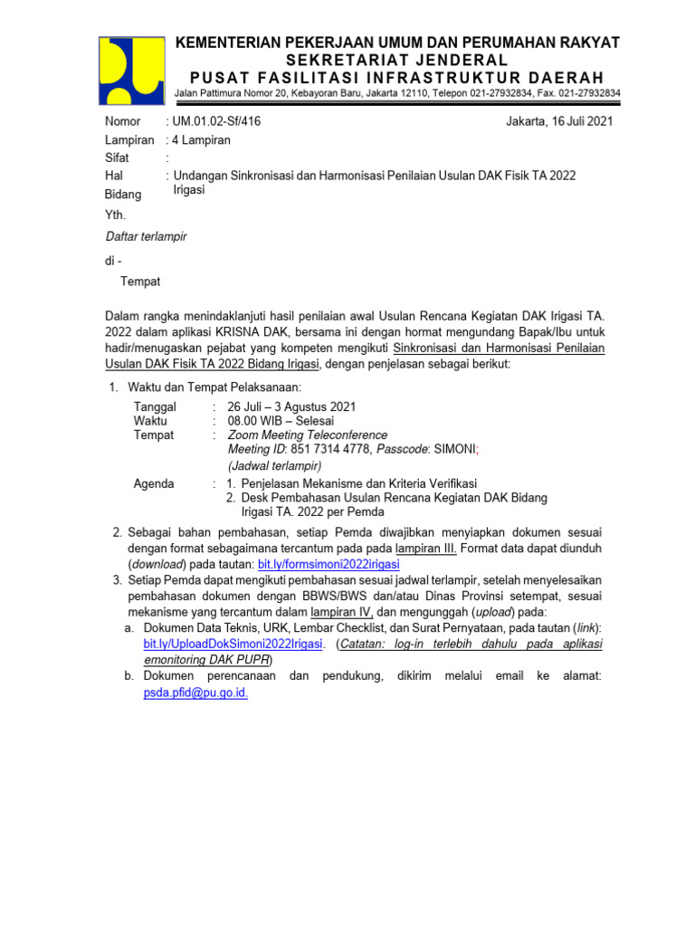 Undangan Pemda Dan Balai Simoni DAK 2022 | PDF