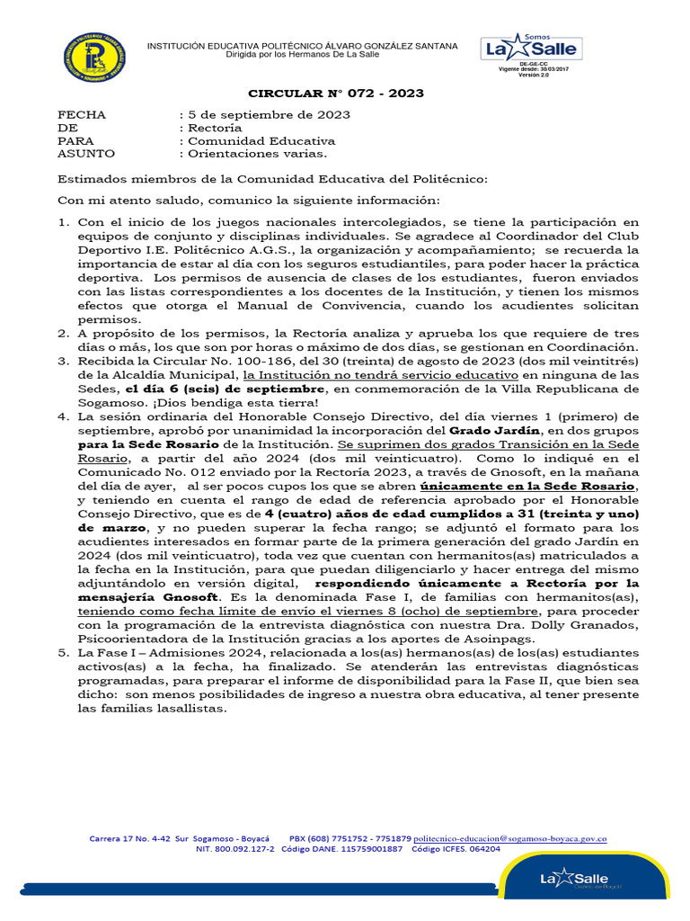 Circular N. 072 Orientaciones | PDF