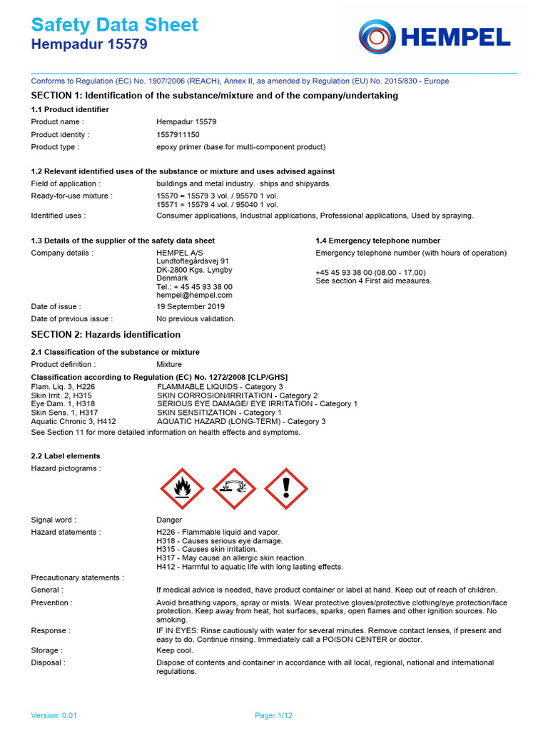 Safety Data Sheet for Hempadur 15579 | PDF | Benzene | Toxicity