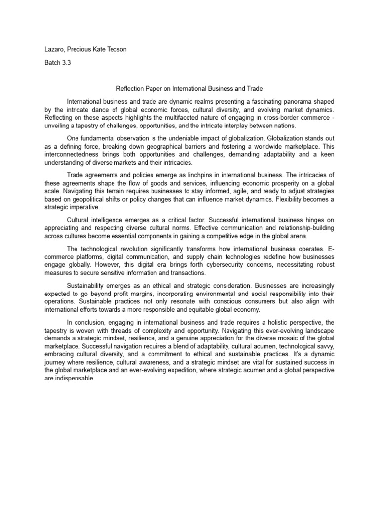 Reflection Paper On International Business and Trade | PDF ...