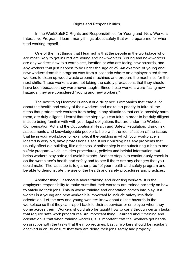 Rights And Responsibilities Cle Pdf Occupational Safety And