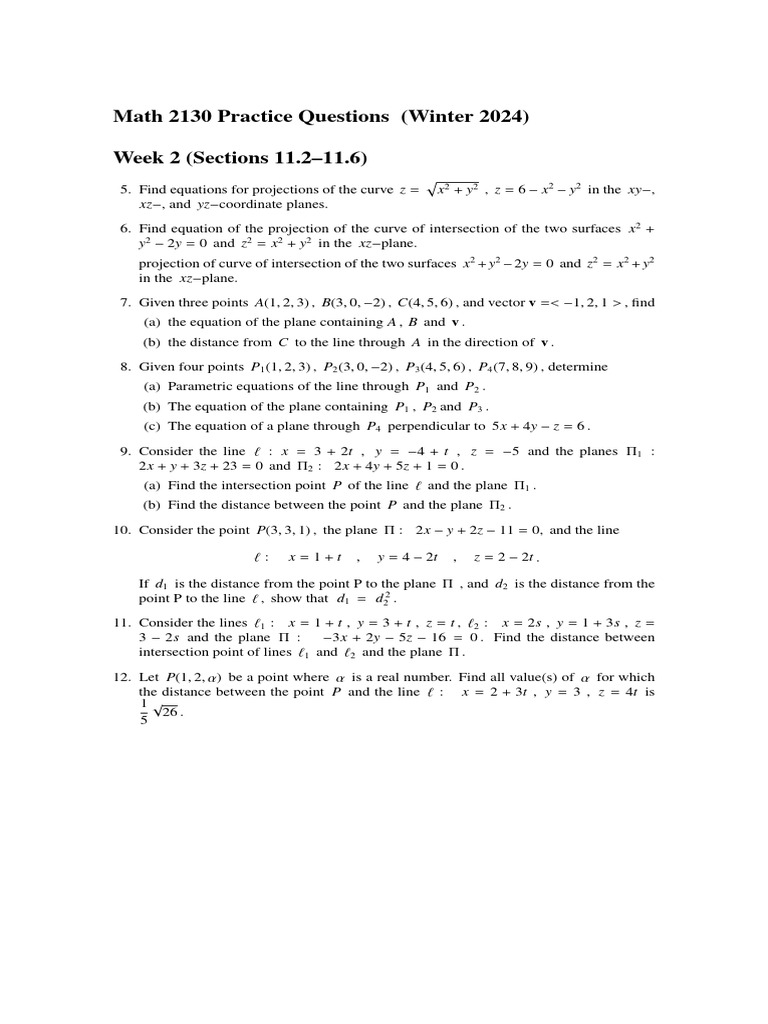 Week 2 PracticeQuestionsMath2130 (W2024) | PDF