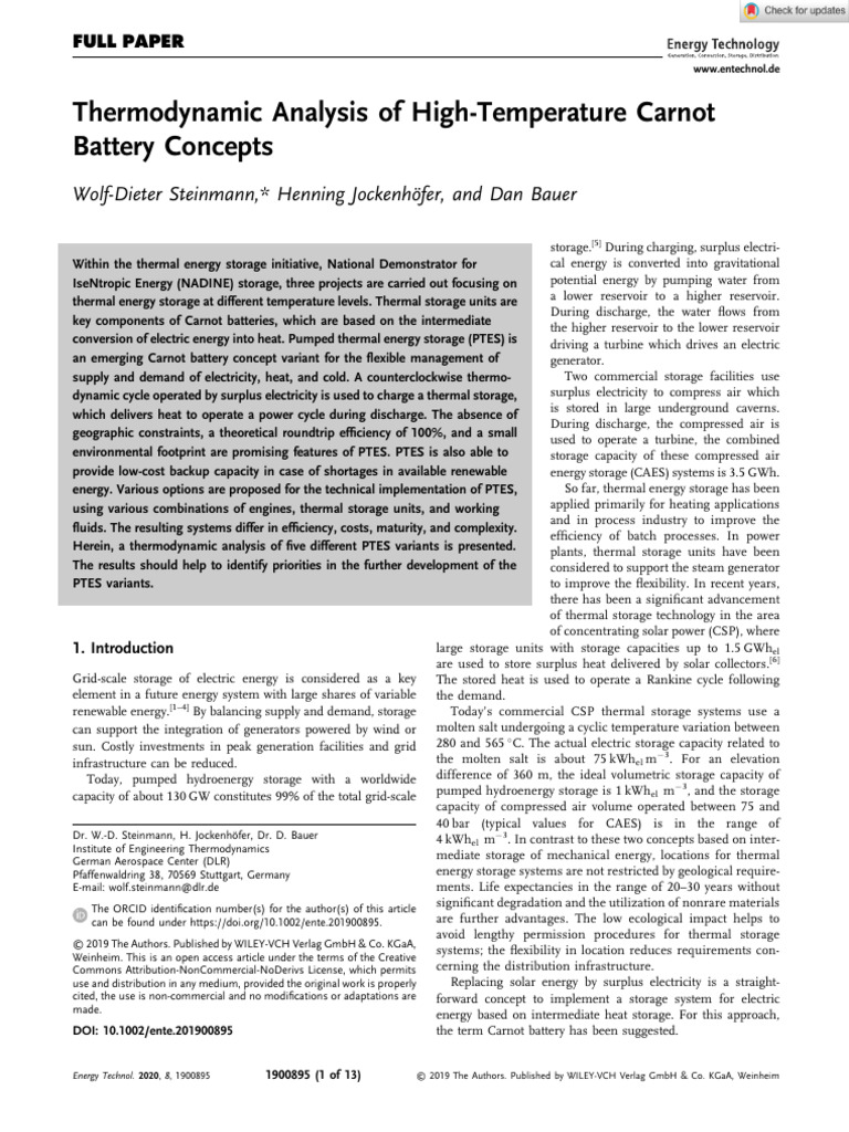 Energy Tech - 2019 - Steinmann - Thermodynamic Analysis of High Temperature Carnot Battery ...