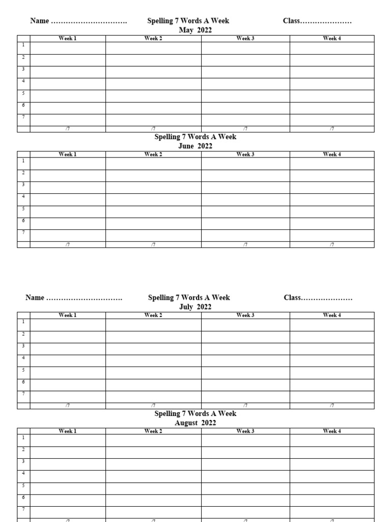 7 Words A Week Template For Spelling | PDF