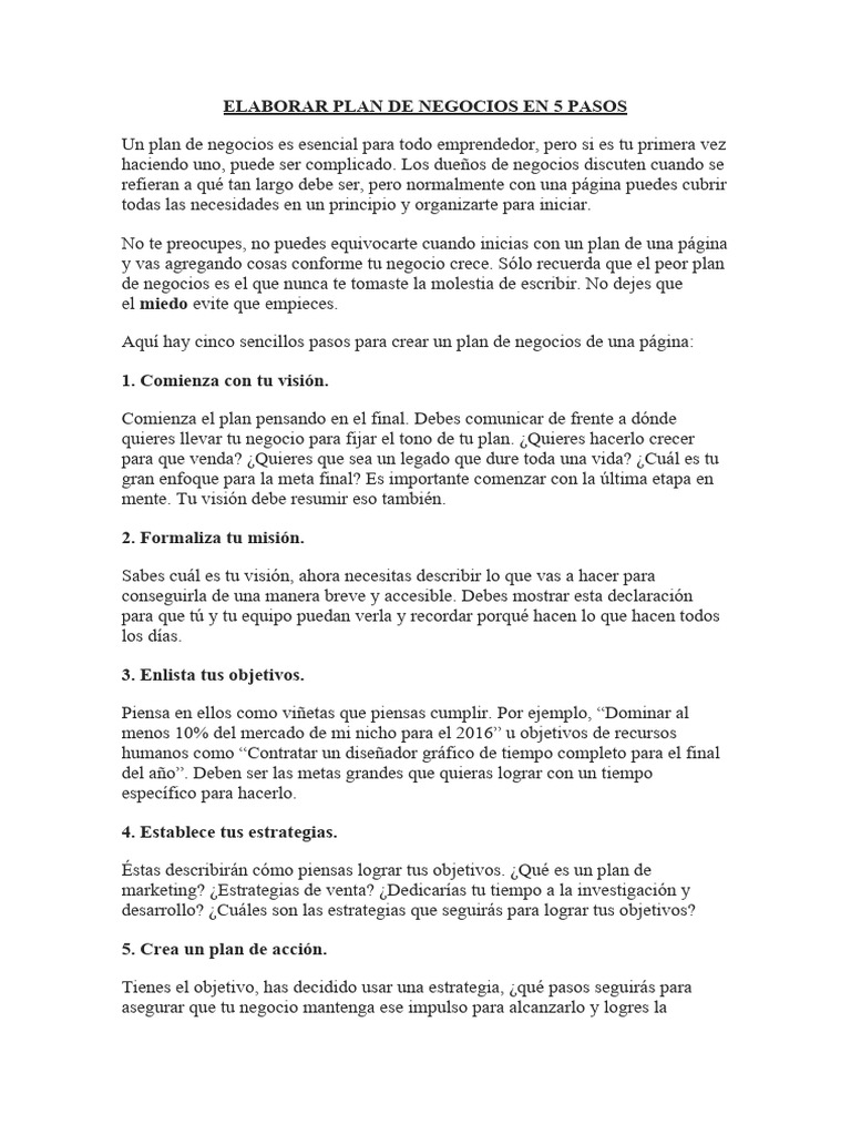Elaborar Plan de Negocios en 5 Pasos | PDF | Plan de negocios | Business