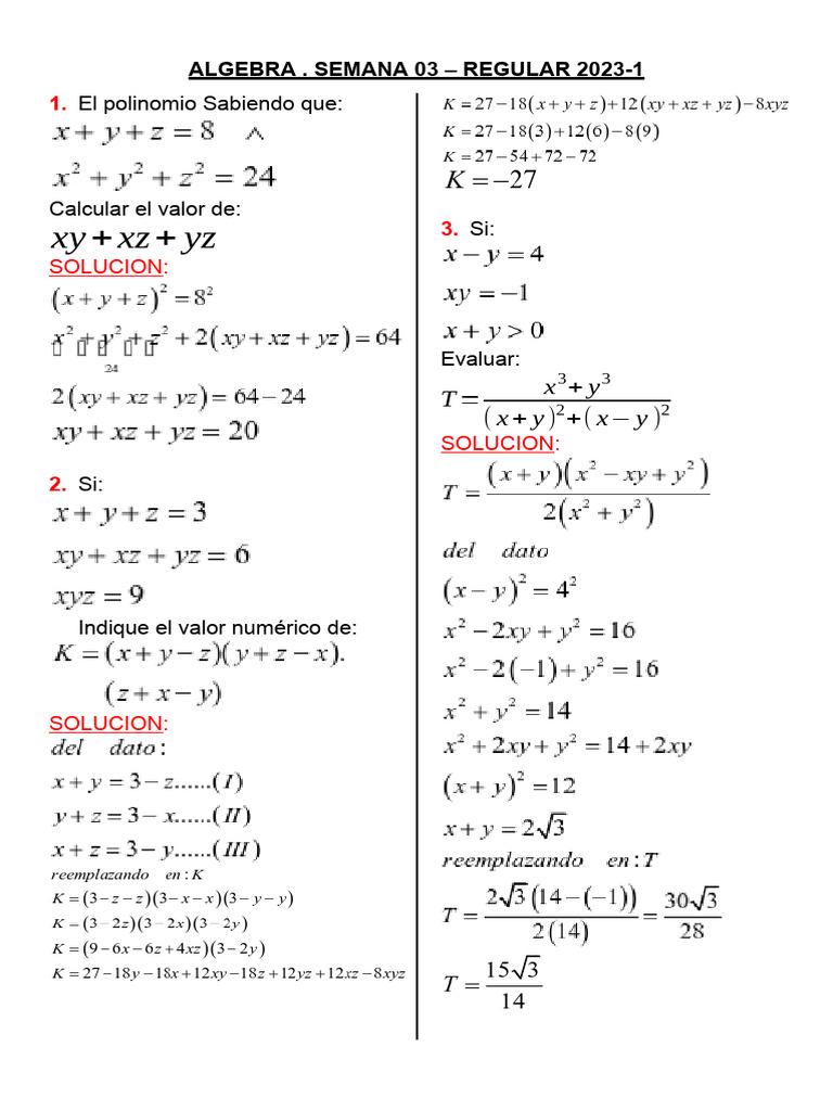 ALGEBRA - S03 - PRODUCTOS NOTABLES - REGULAR - 2023-1 - SOLUCION | PDF | Matemáticas | Álgebra
