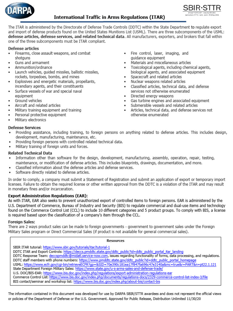 2020 TCSP - Info - Sheet International Traffic in Arms Regulations (ITAR) - 041922 (DARPA) | PDF ...
