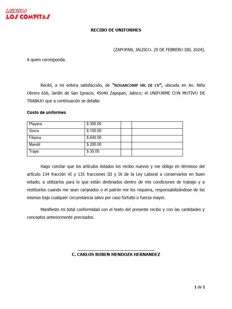 F04 Recibo De Uniformes 4 Pdf