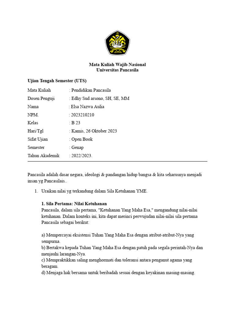 UTS PANCASILA - Elsa Nazwa Aulia - 2023210210 | PDF | Politik