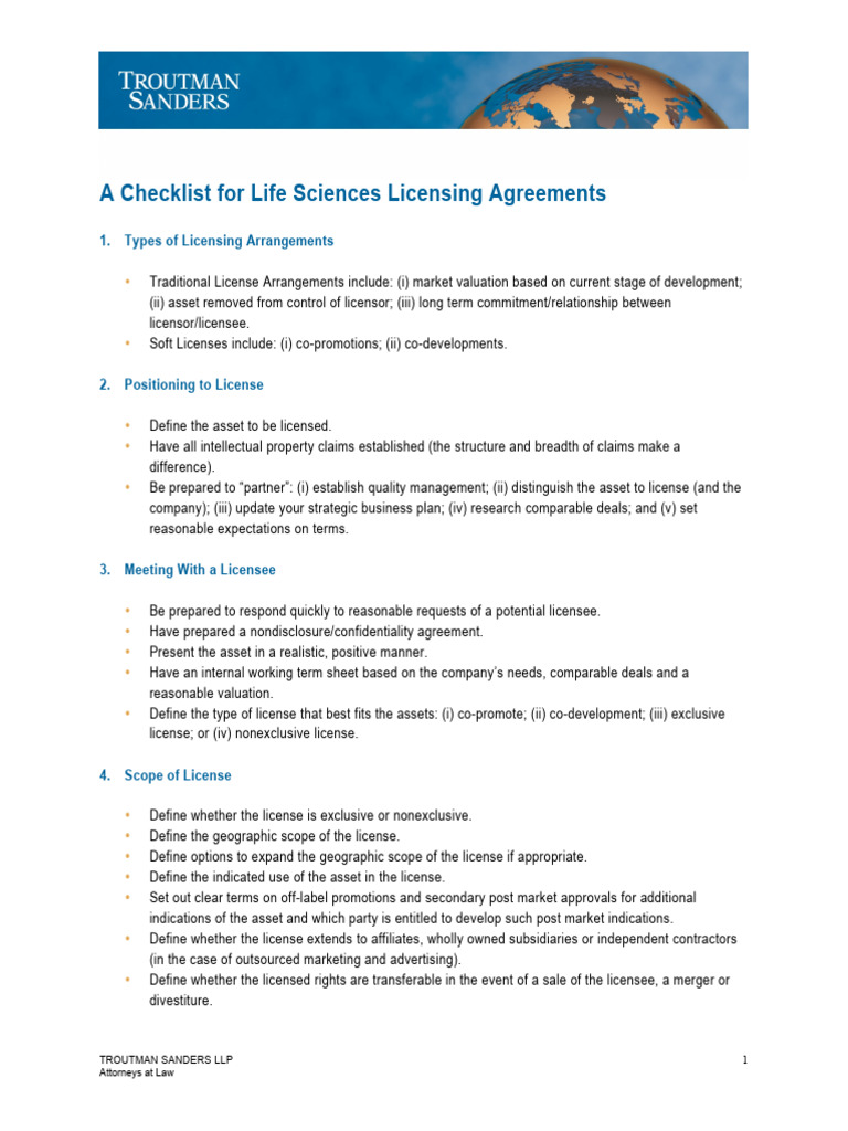 Life Sciences Licensing Agreement Checklist | PDF | License | Indemnity