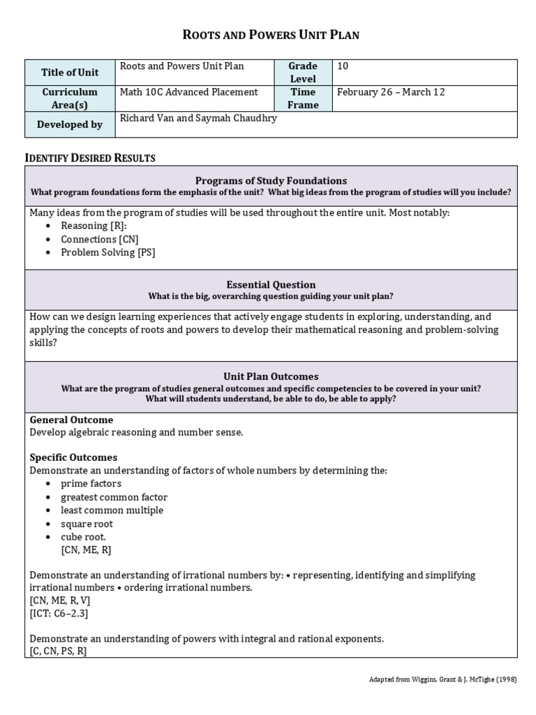 Roots and Powers Unit Plan | PDF | Educational Assessment | Education ...