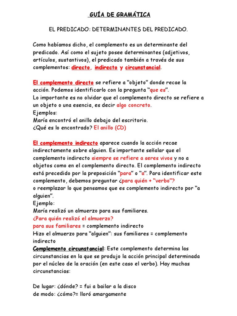 GUÍA DE GRAMÁTICA Complementos | PDF | Objeto (gramática) | Predicado ...
