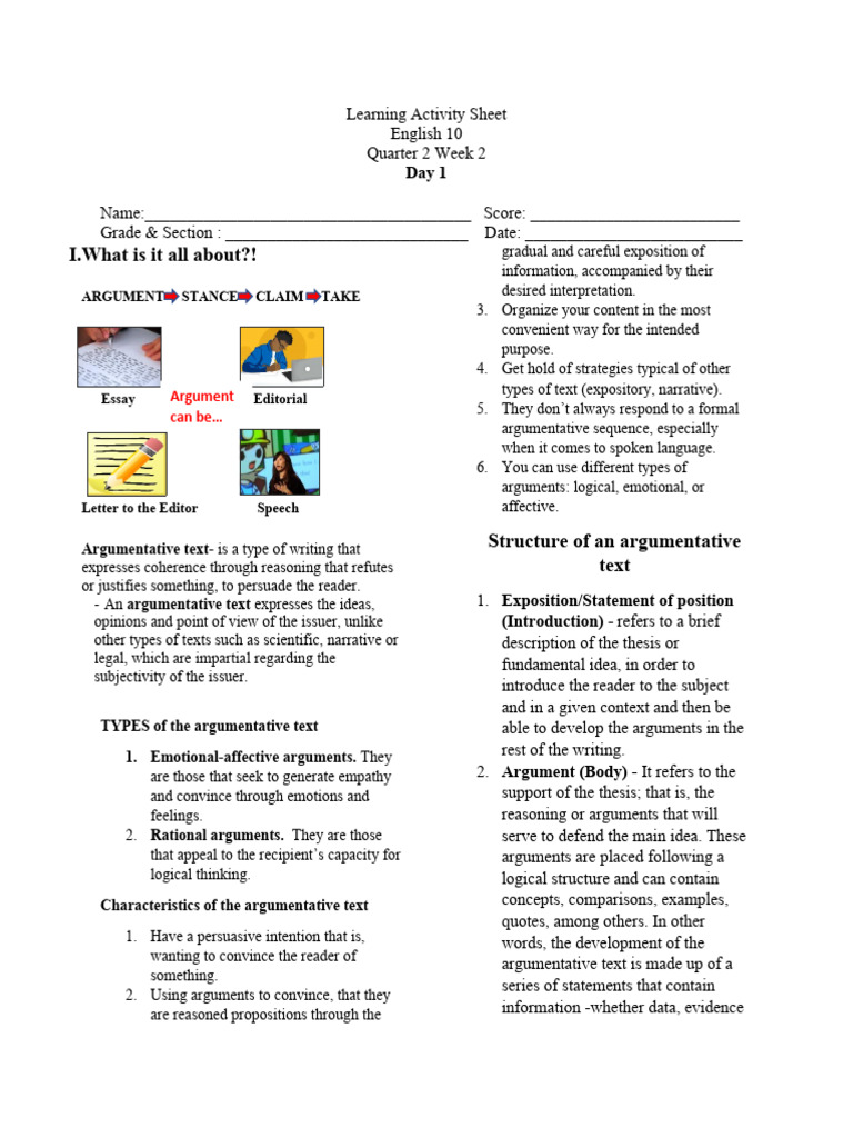 Q2 W3 Argumentative Text Structural Elements And Language Features Revised Pdf Verb Argument